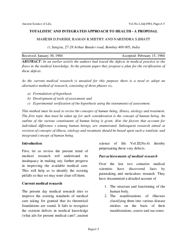 (PDF) Totalistic and Integrated Approach to Health - a Proposal | Dr ...