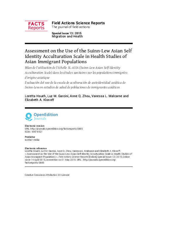 (PDF) Assessment on the Use of the Suinn-Lew Asian Self Identity ...