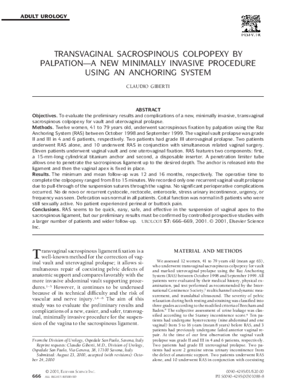 (PDF) Transvaginal sacrospinous colpopexy by palpation--a new minimally ...