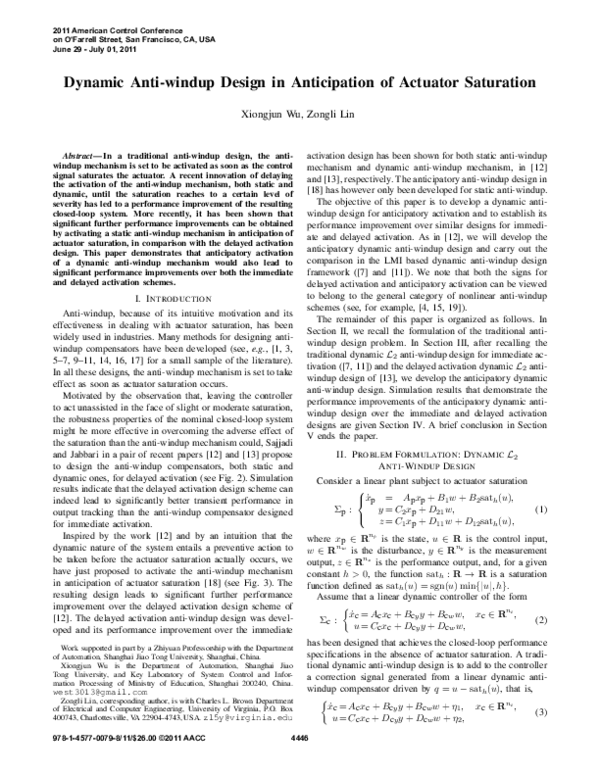 Pdf Dynamic Anti Windup Design In Anticipation Of Actuator Saturation