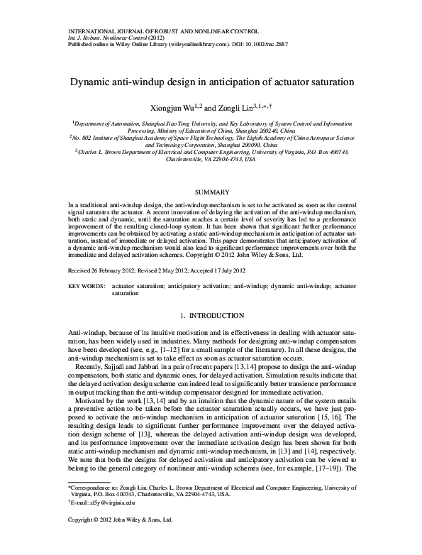 Pdf Dynamic Anti Windup Design In Anticipation Of Actuator Saturation