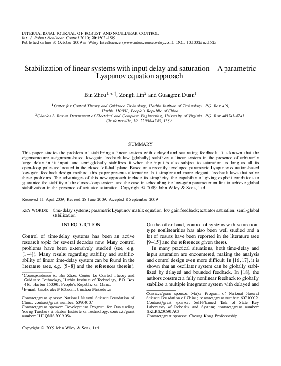 (PDF) Stabilization of linear systems with input delay and saturation-A parametric Lyapunov ...