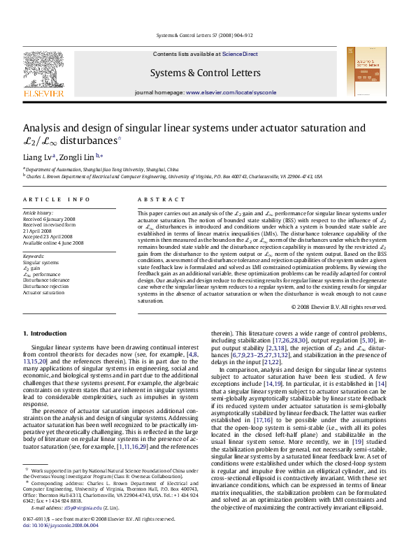 (PDF) Analysis and design of singular linear systems under actuator saturation and disturbances