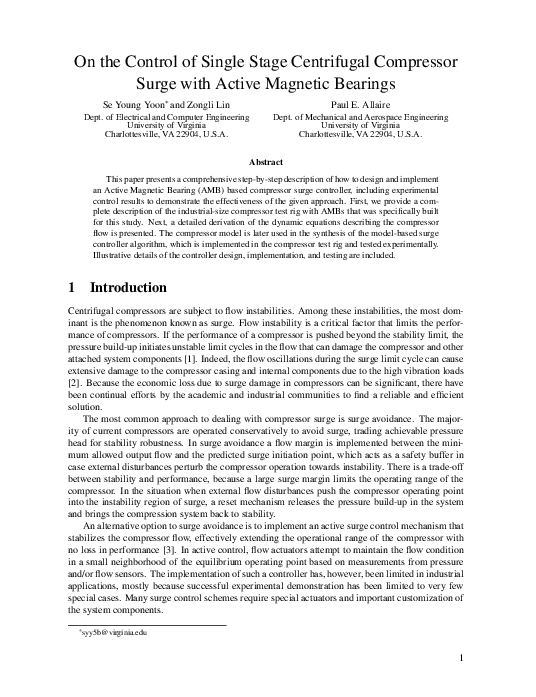 (PDF) On the Control of Single Stage Centrifugal Compressor Surge with ...