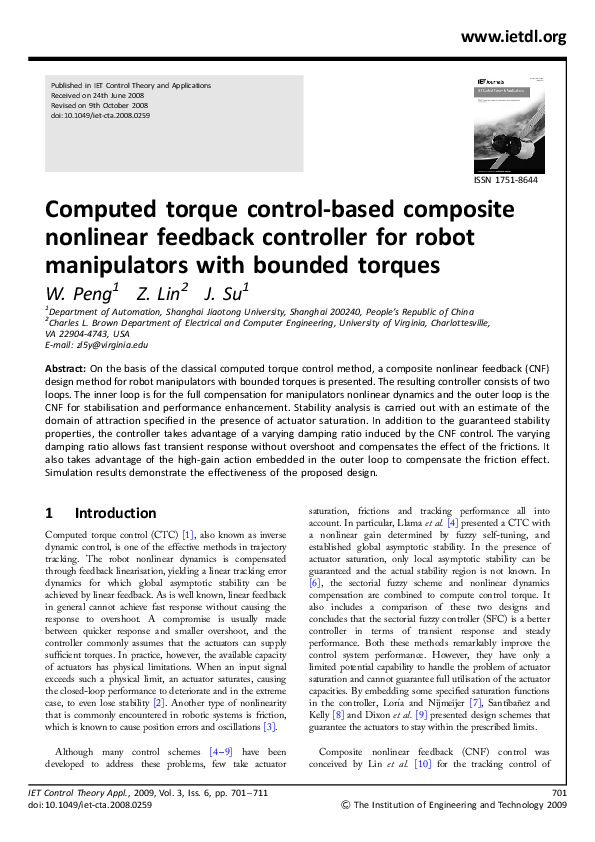 Pdf Computed Torque Control Based Composite Nonlinear Feedback Controller For Robot