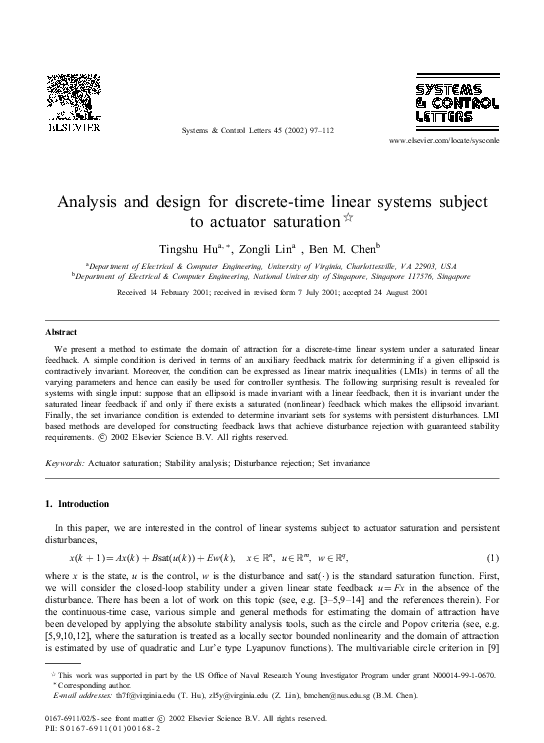 Pdf Analysis And Design For Discrete Time Linear Systems Subject To Actuator Saturation