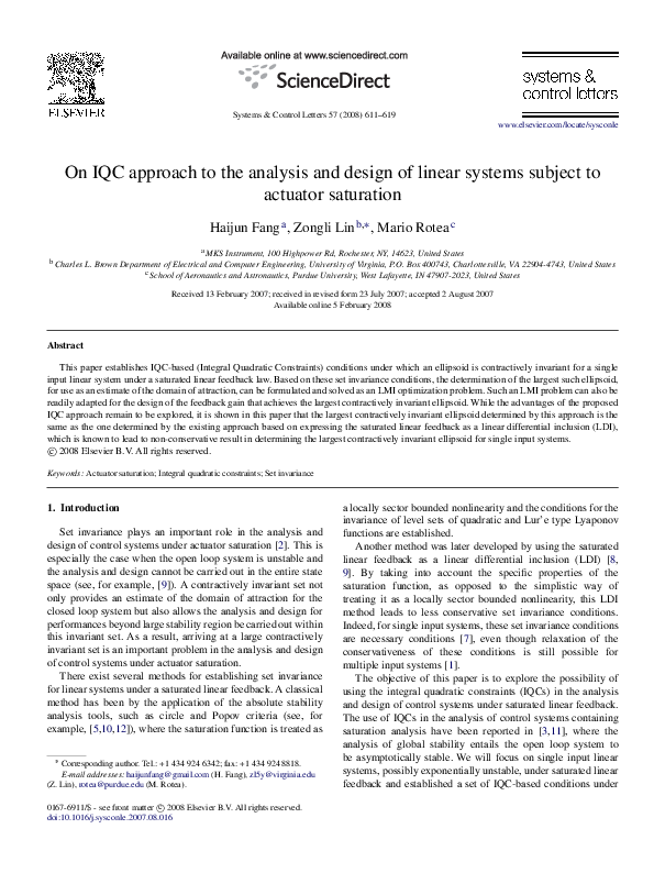 Pdf On Iqc Approach To The Analysis And Design Of Linear Systems Subject To Actuator Saturation