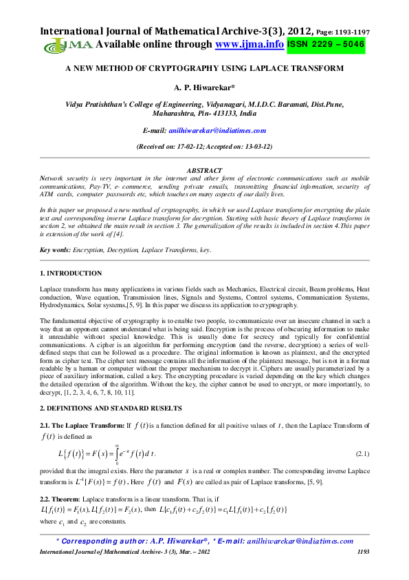 Pdf A New Method Of Cryptography Using Laplace Transform A P Hiwarekar