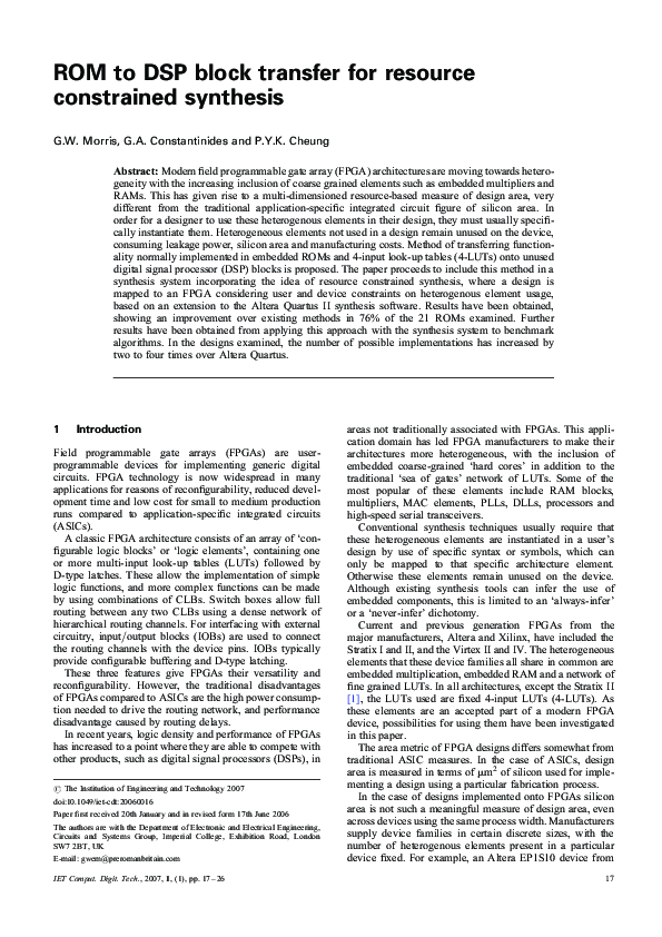 (PDF) ROM to DSP block transfer for resource constrained synthesis | Peter Y K Cheung - Academia.edu