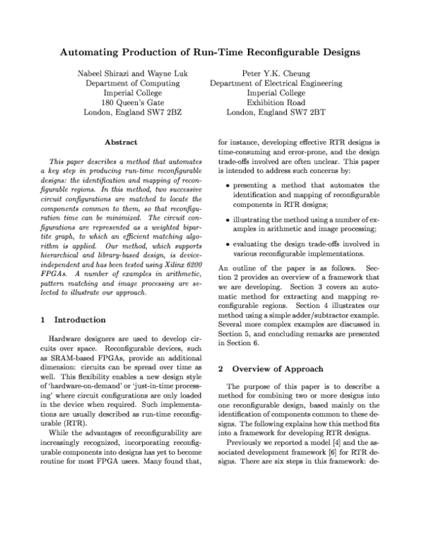 (PDF) Automating production of run-time reconfigurable designs | Peter Y K Cheung - Academia.edu