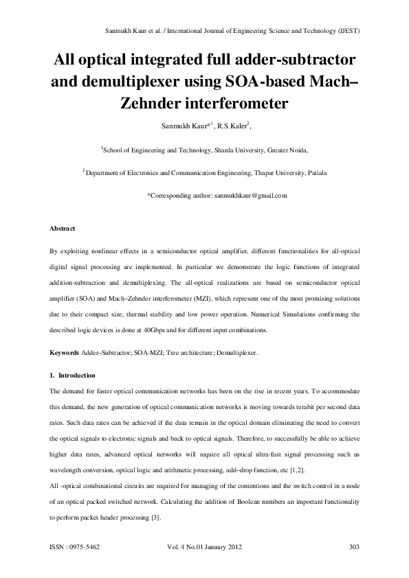 (PDF) All optical integrated full adder-subtractor and demultiplexer using SOA-based Mach ...
