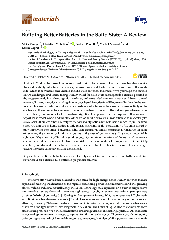 (PDF) Building Better Batteries in the Solid State: A Review | Alain ...