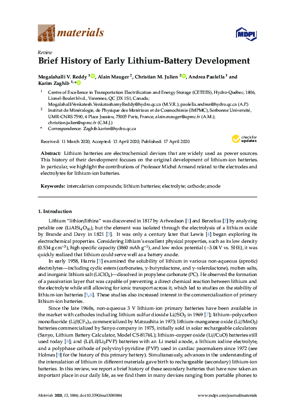 (PDF) Brief History of Early Lithium-Battery Development