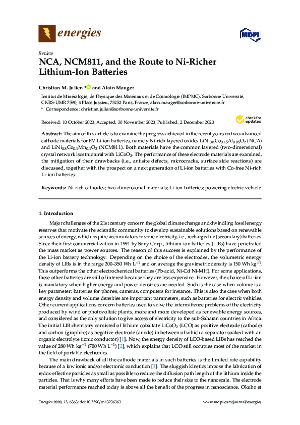 (PDF) NCA, NCM811, and the Route to Ni-Richer Lithium-Ion Batteries