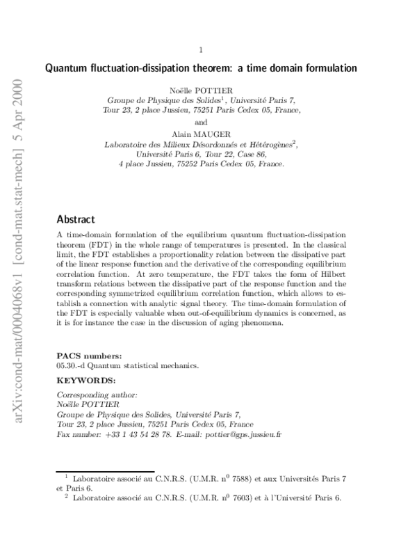 Pdf Quantum Fluctuation Dissipation Theorem A Time Domain Formulation