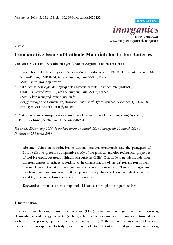 (PDF) Comparative Issues of Cathode Materials for Li-Ion Batteries