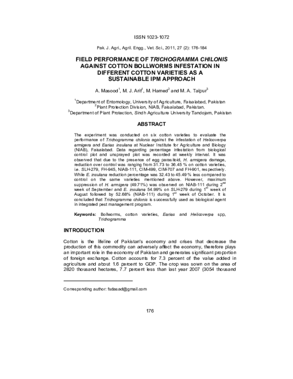 (PDF) Field Performance of Trichogramma Chilonis Against Cotton Bollworms Infestation in ...