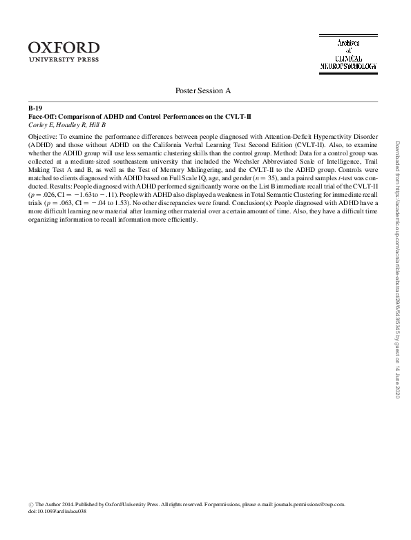 (PDF) B-19Face-Off: Comparison of ADHD and Control Performances on the ...