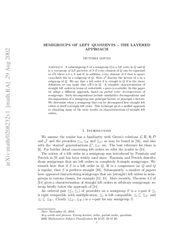 (PDF) Semigroups of Left Quotients—The Layered Approach