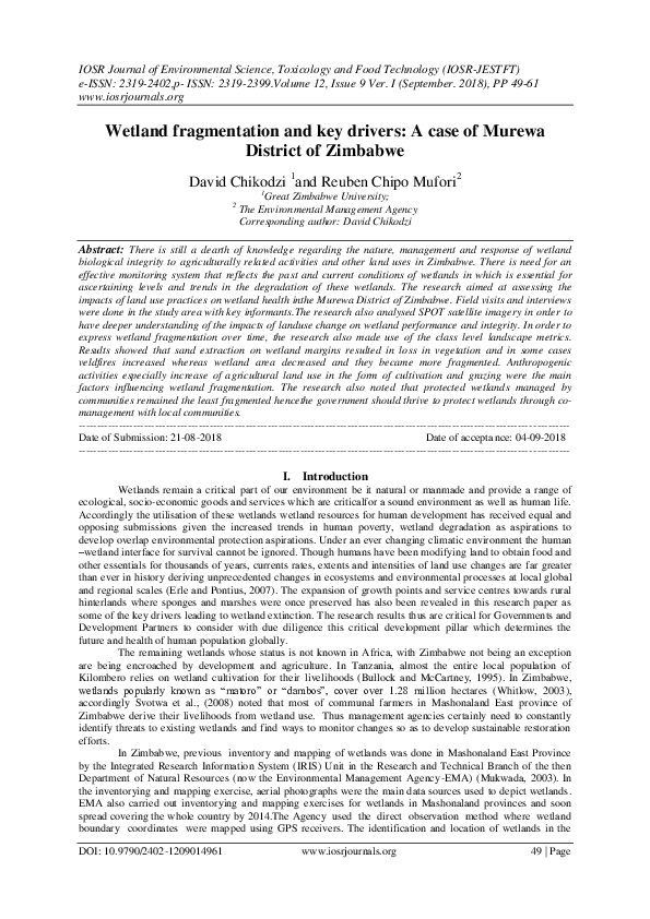 (PDF) Wetland fragmentation and key drivers : A case of Murewa District ...