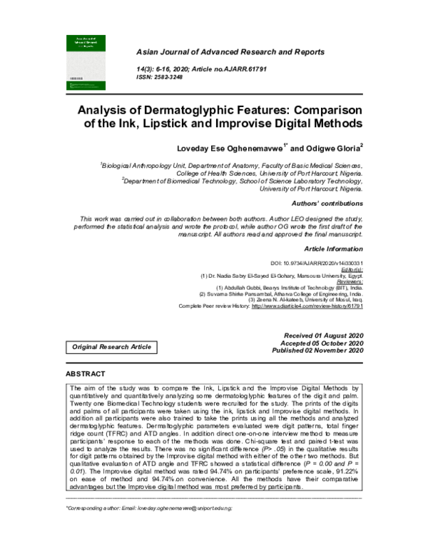 (PDF) Analysis of Dermatoglyphic Features: Comparison of the Ink ...