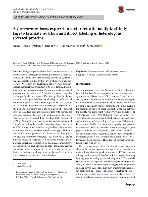 Pdf A Lactococcus Lactis Expression Vector Set With Multiple Affinity Tags To Facilitate
