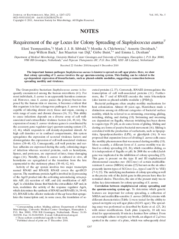 (PDF) Requirement of the agr Locus for Colony Spreading of ...