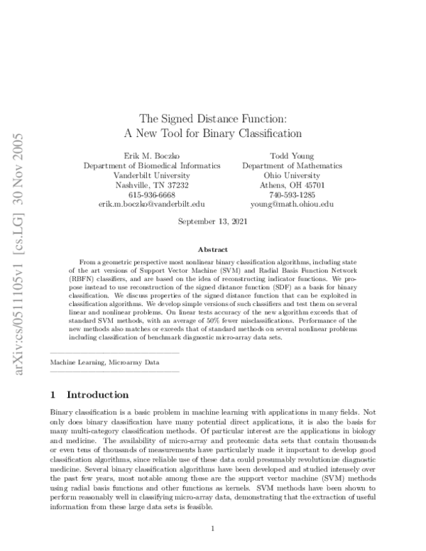 (PDF) The Signed Distance Function: A New Tool for Binary Classification