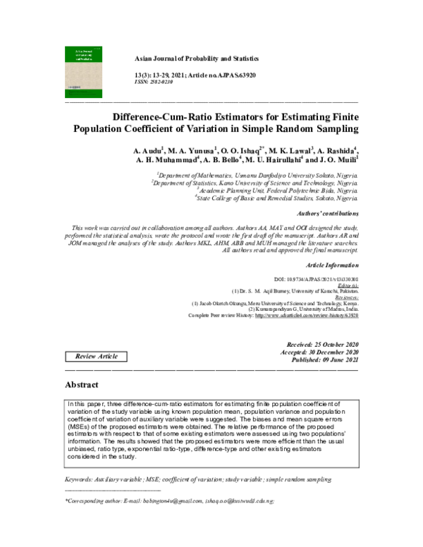 Pdf Difference Cum Ratio Estimators For Estimating Finite Population