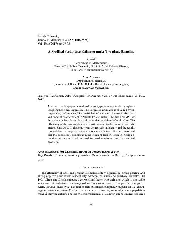 Pdf A Modified Factor Type Estimator Under Two Phase Sampling