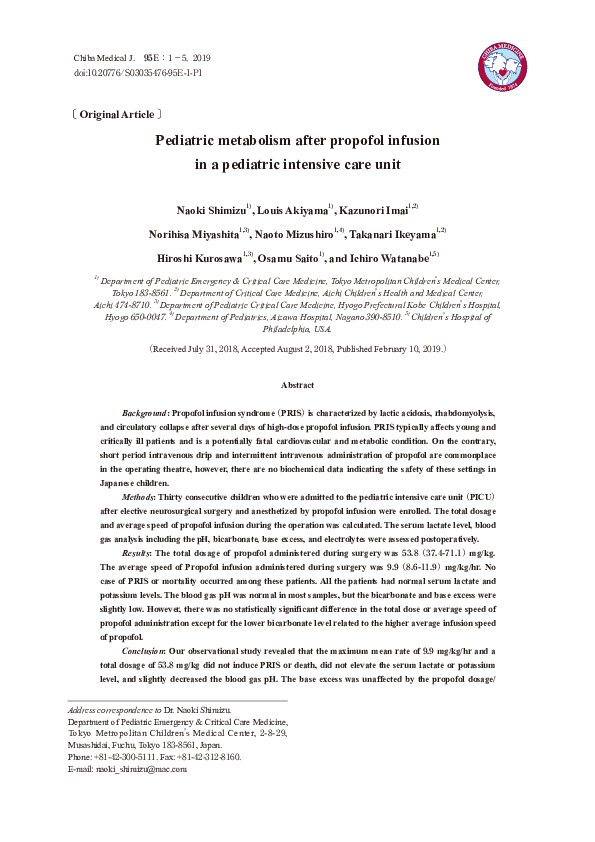 (PDF) Pediatric metabolism after propofol infusion in a pediatric ...
