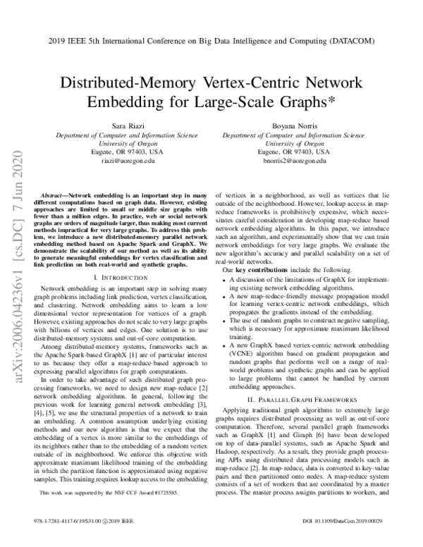 Pdf Distributed Memory Vertex Centric Network Embedding For Large Scale Graphs