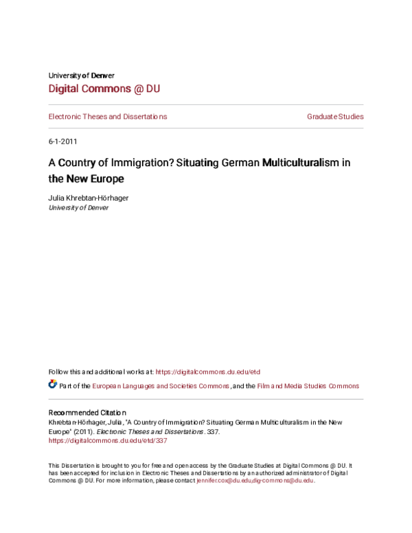 (PDF) A Country of Immigration? Situating German Multiculturalism in ...