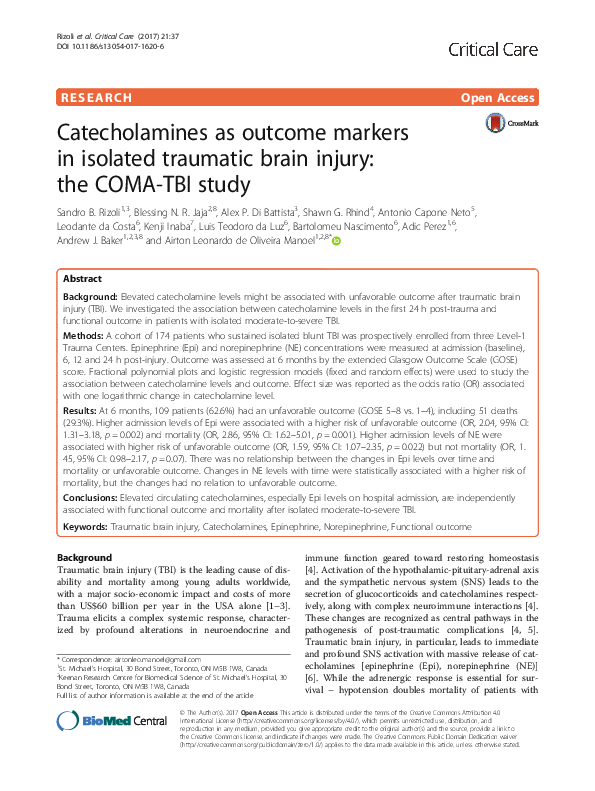 (PDF) Catecholamines as outcome markers in isolated traumatic brain ...