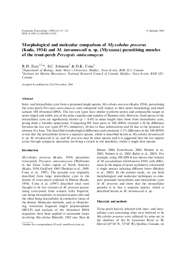 (PDF) Morphological and molecular comparison of Myxobolus procerus ...