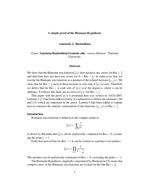 (PDF) A simple proof of the Riemann Hypothesis