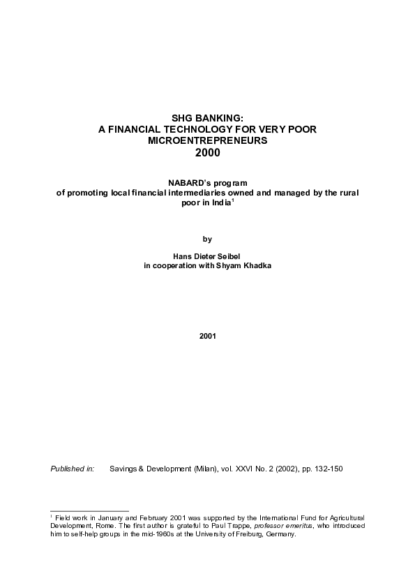 (PDF) SHG Banking: A Financial Technology for Very Poor Microentrepreneurs