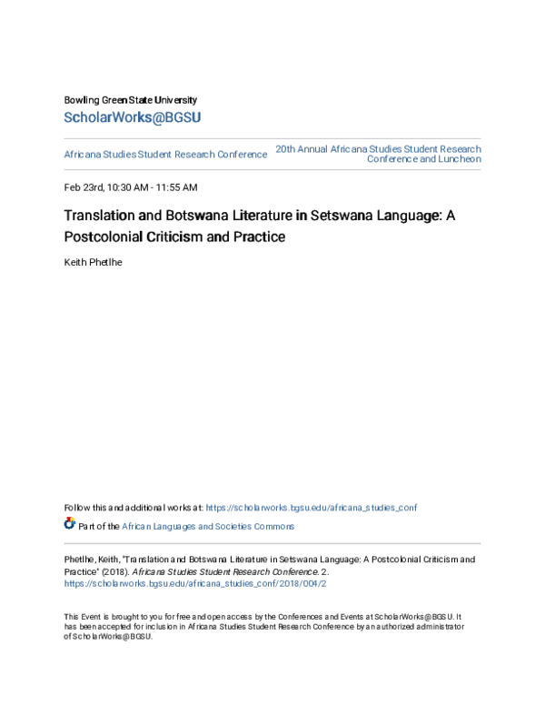 (PDF) Translation and Botswana Literature in Setswana Language: A ...