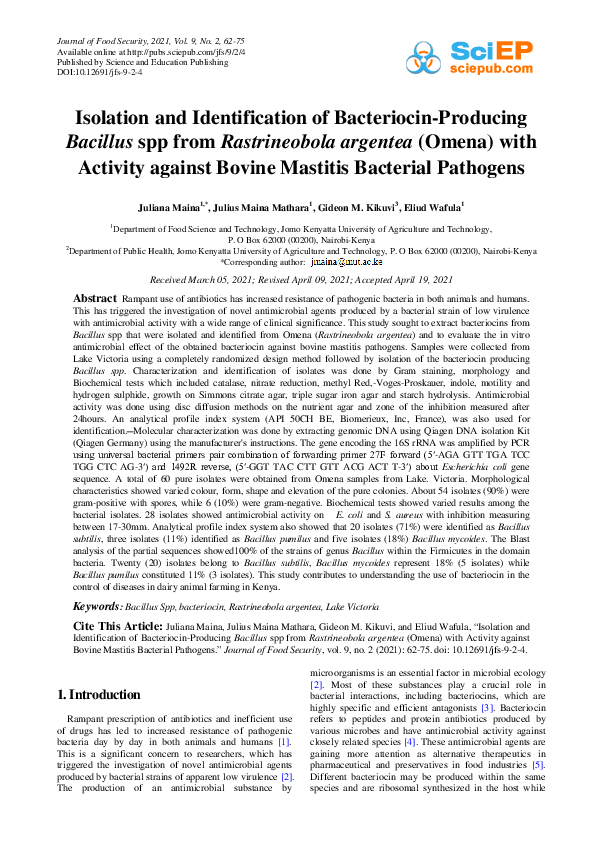(PDF) Isolation and Identification of Bacteriocin-Producing Bacillus spp from Rastrineobola ...