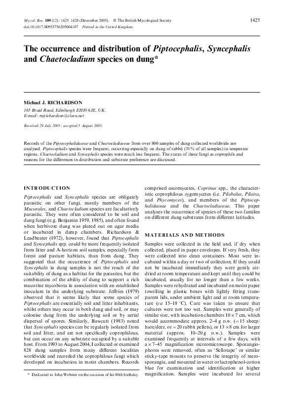 (PDF) The occurrence and distribution of Piptocephalis, Syncephalis and ...