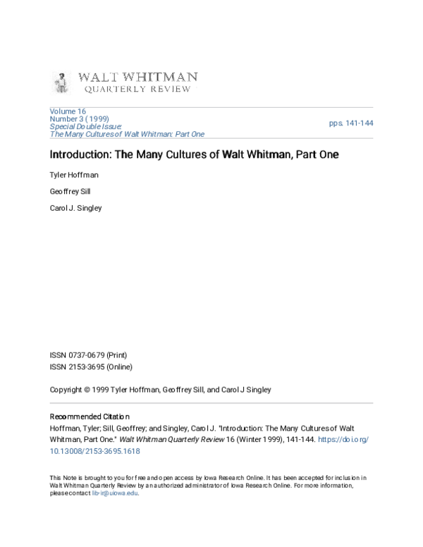(PDF) Introduction: The Many Cultures of Walt Whitman, Part Two