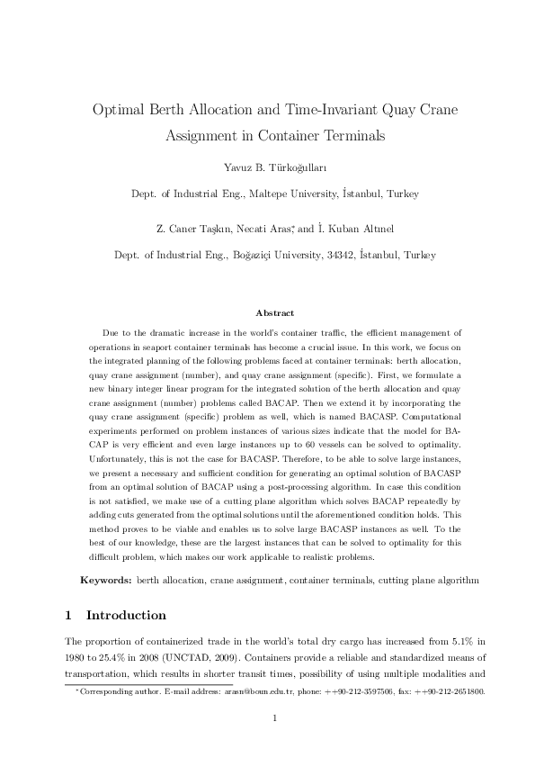 Pdf Optimal Berth Allocation And Time Invariant Quay Crane Assignment