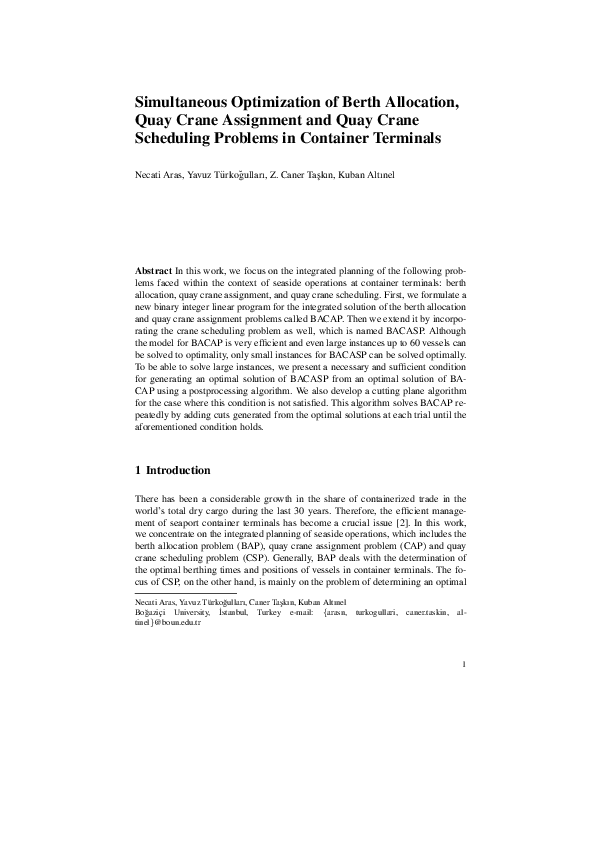 (PDF) Simultaneous Optimization of Berth Allocation, Quay Crane Assignment and Quay Crane ...