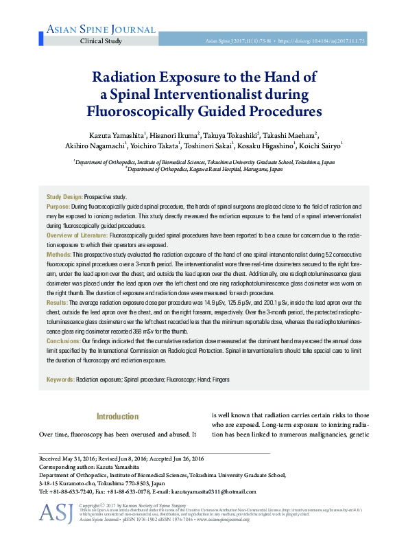 (PDF) Radiation Exposure to the Hand of a Spinal Interventionalist ...