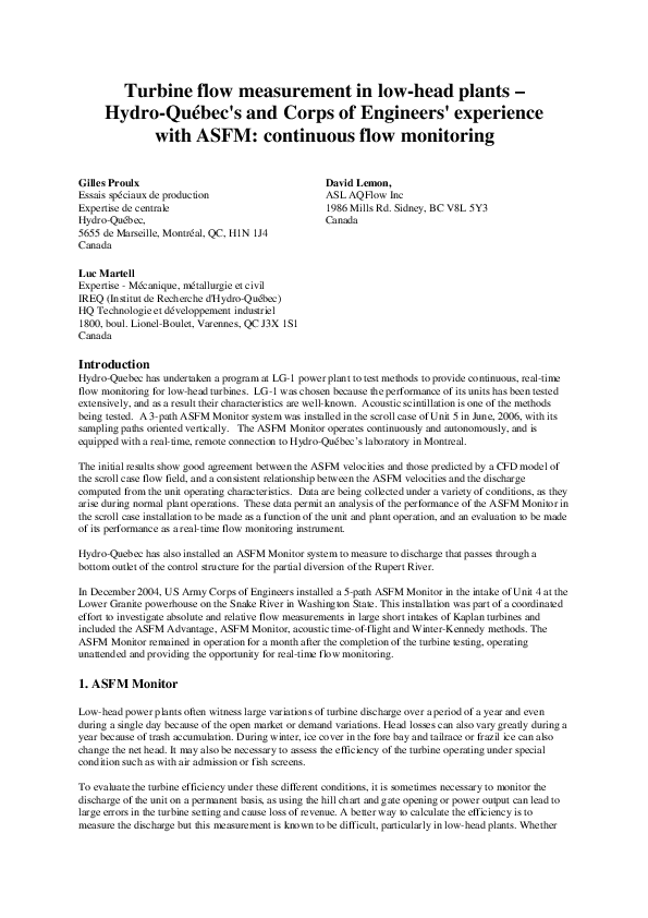 (PDF) Turbine flow measurement in low-head plants – Hydro-Québec ' s ...