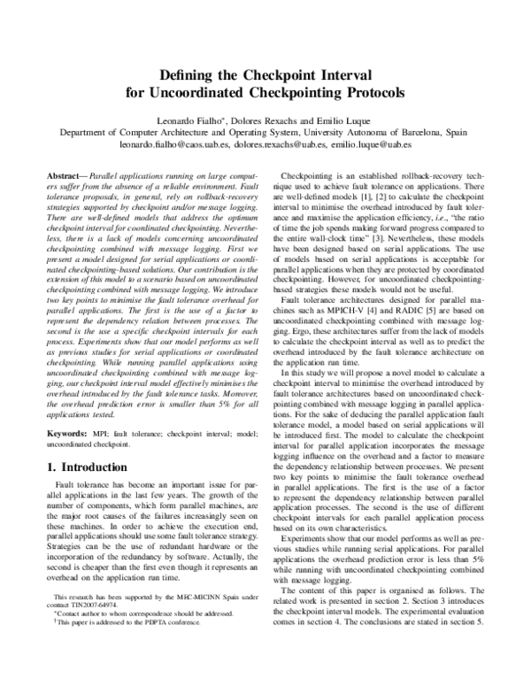 Pdf Defining The Checkpoint Interval For Uncoordinated Checkpointing Protocols E Fadón 