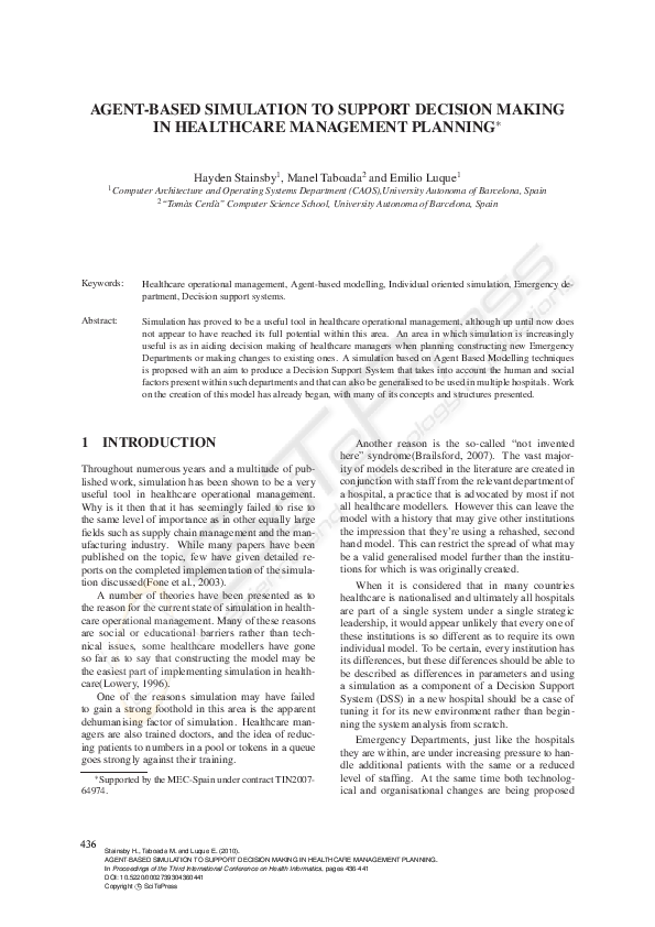Pdf Agent Based Simulation To Support Decision Making In Healthcare