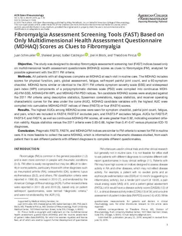 (PDF) Fibromyalgia Assessment Screening Tools (FAST) Based on Only ...