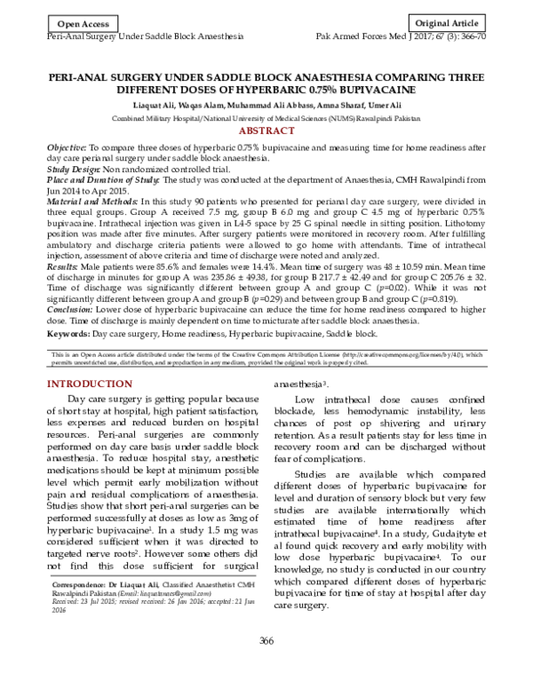 (PDF) Peri-Anal Surgery Under Saddle Block Anaesthesia Comparing Three ...