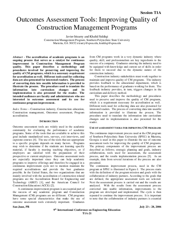 (PDF) Outcomes Assessment Tools: Improving Quality of Construction ...